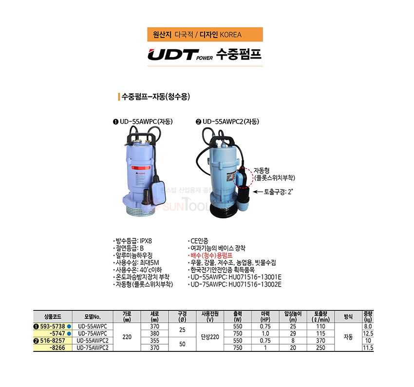 썬툴 UDT수중펌프 수중펌프(자동) UD-55AWPC(0.75HP)단상220V UD-75AWPC(1.0HP)단상220V