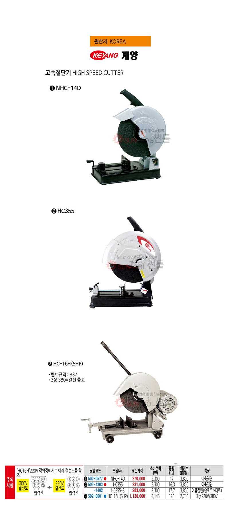 썬툴 계양 HC-355 NHC-14D HC355-S HC-16H(5HP)220/380V 고속절단기